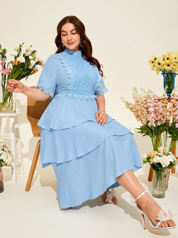 Shein Modely Plus Lace Insert Mock Neck Layered Hem Dress Shein Usa
