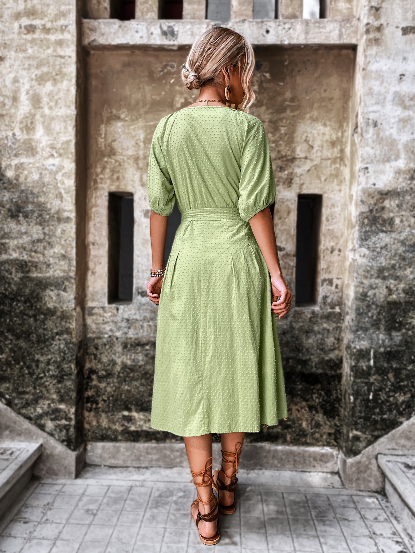 Puff Sleeve Overlap Collar Swiss Dot Wrap Hem Belted Dress Shein Uk
