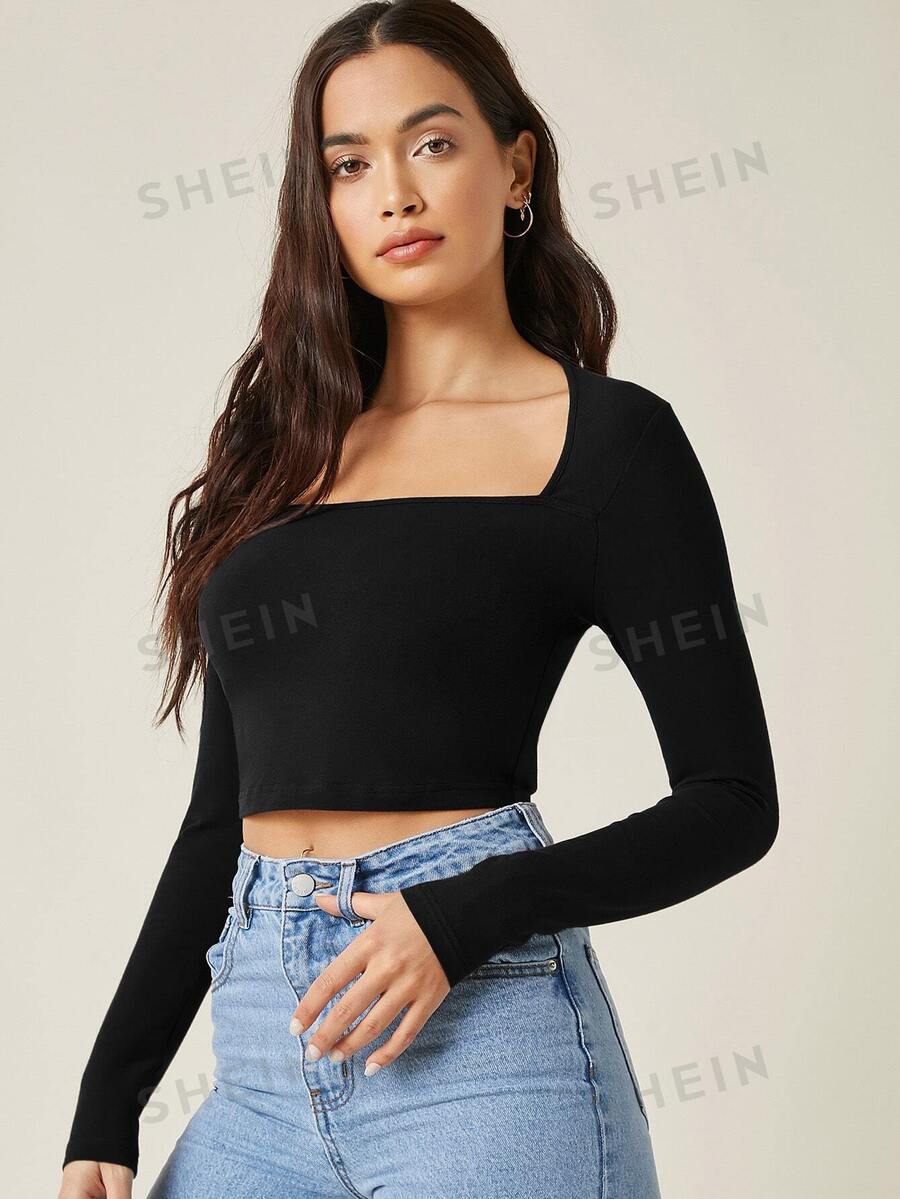 SHEIN BASICS Cotton Square Neck Crop Tee | SHEIN USA