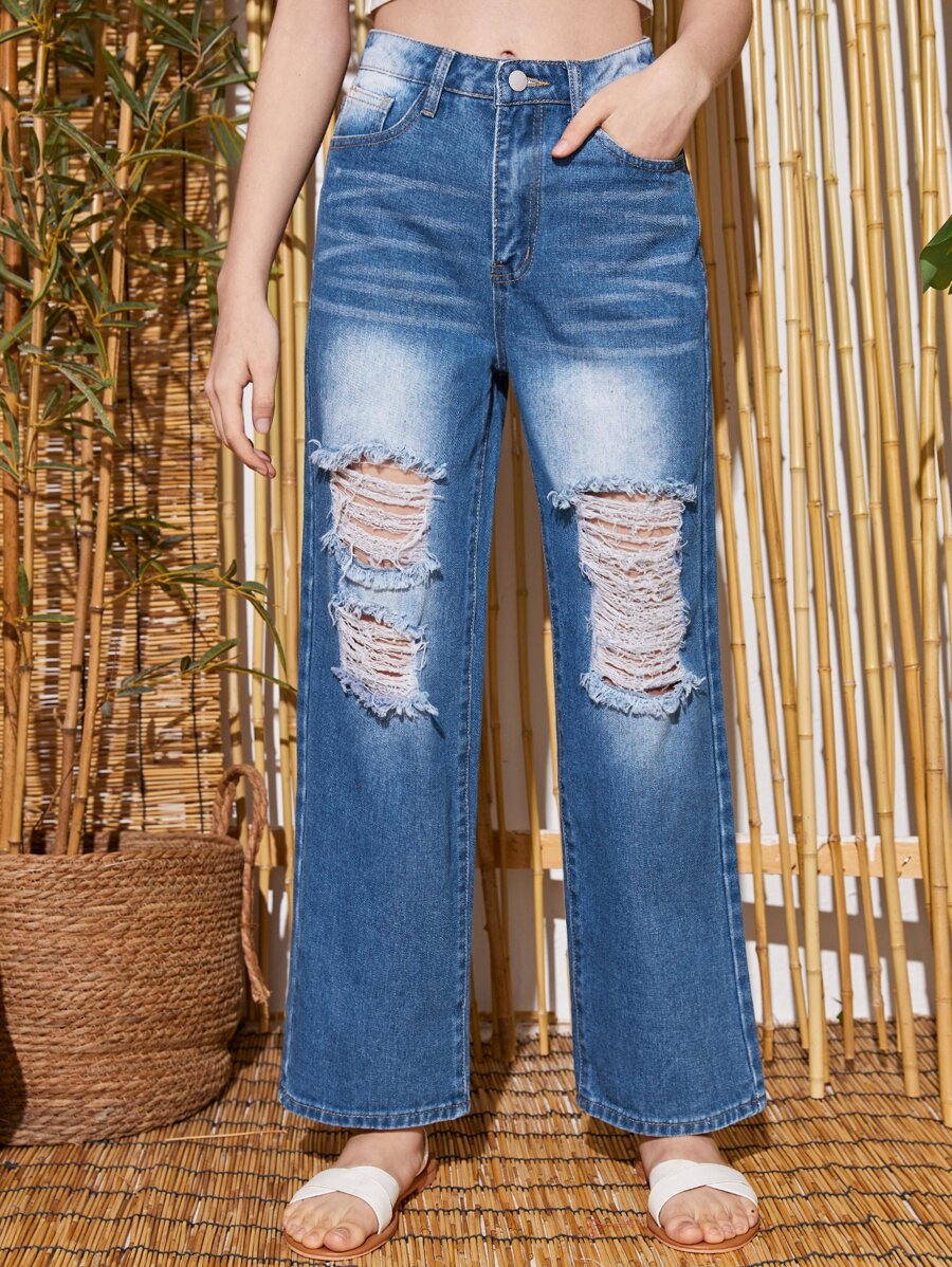 SHEIN Teen Girls Ripped Straight Leg Jeans | SHEIN EUR
