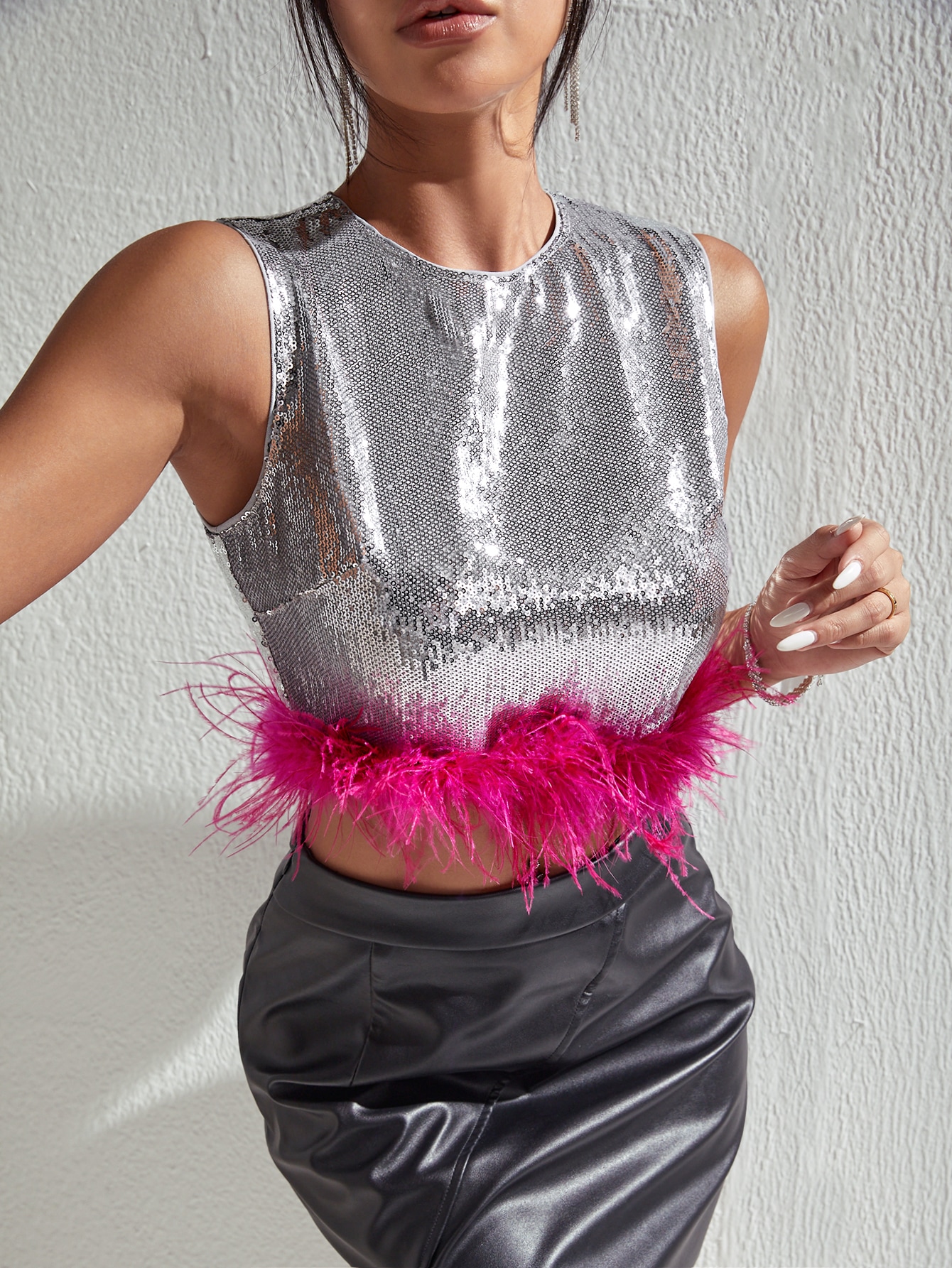 Contrast Fuzzy Sequin Tank Crop Top
