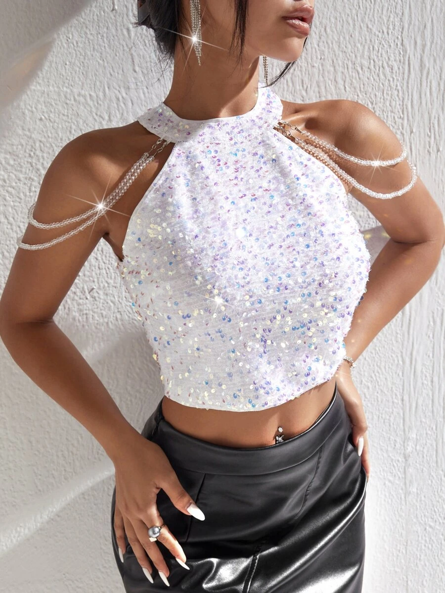 SHEIN BAE Halter Neck Chain Sequin Crop Top | SHEIN USA