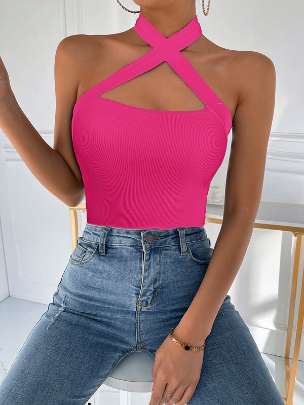SHEIN Essnce Criss Cross Tie Back Halter Top | SHEIN USA
