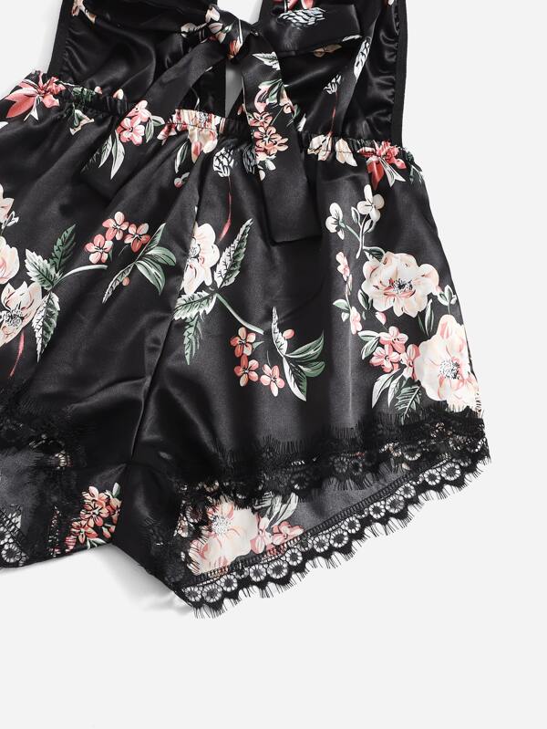 Floral Print Knot Front Eyelash Lace Trim Satin Teddy Bodysuit | SHEIN USA