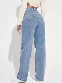 SHEIN EZwear High Waist Ripped Frayed Straight Leg Jeans | SHEIN USA