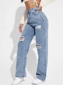 SHEIN EZwear High Waist Ripped Frayed Straight Leg Jeans | SHEIN USA