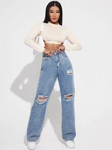 SHEIN EZwear High Waist Ripped Frayed Straight Leg Jeans | SHEIN USA
