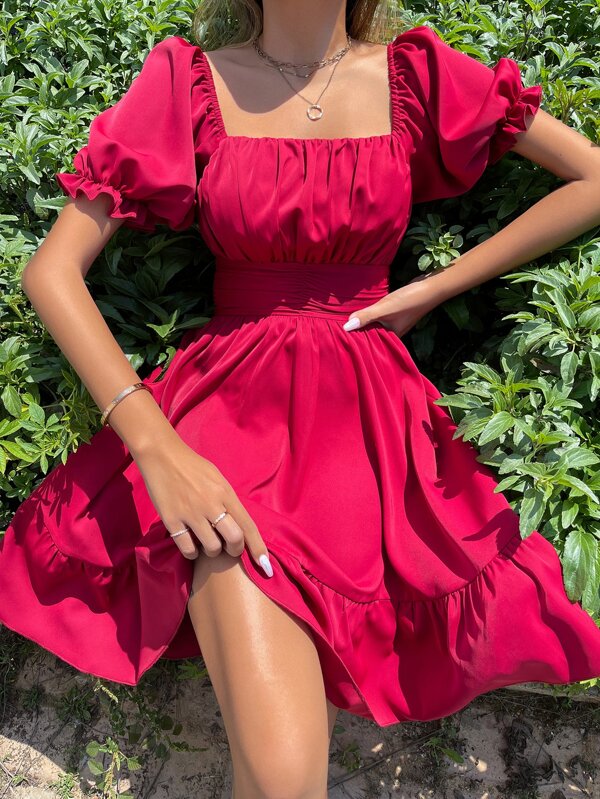 SHEIN VCAY Ruched Bust Puff Sleeve Ruffle Hem Dress | SHEIN EUR