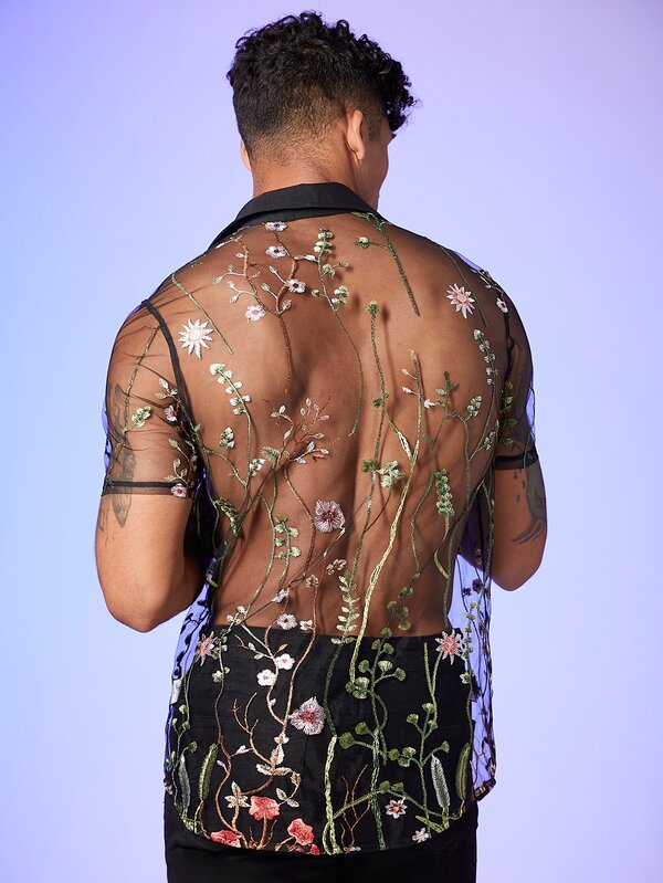 Manfinity Fever City Men Floral Embroidery Mesh Shirt | SHEIN USA