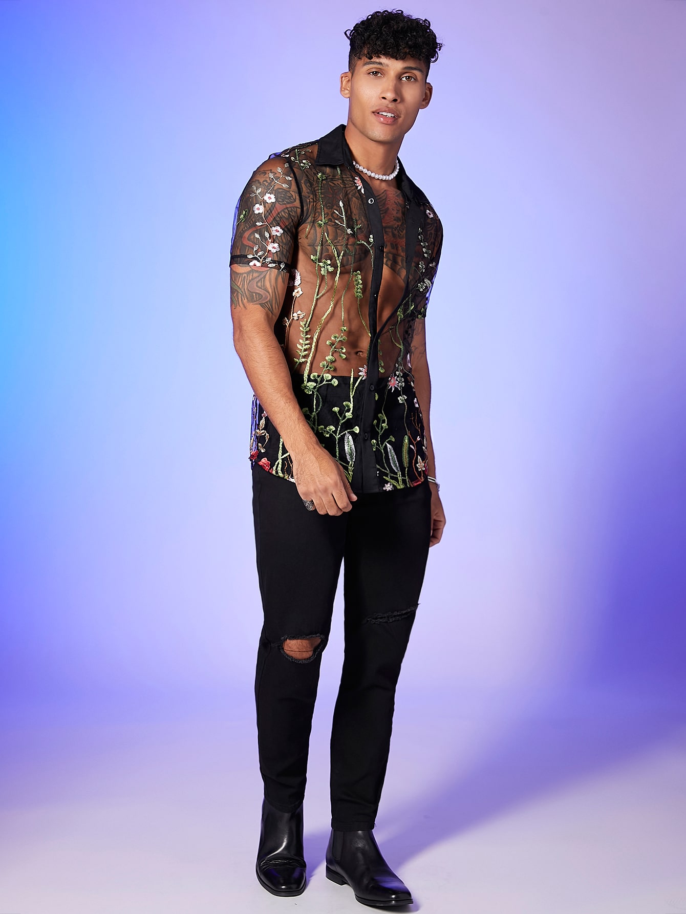 Manfinity Fever City Men Floral Embroidery Mesh Shirt | SHEIN USA