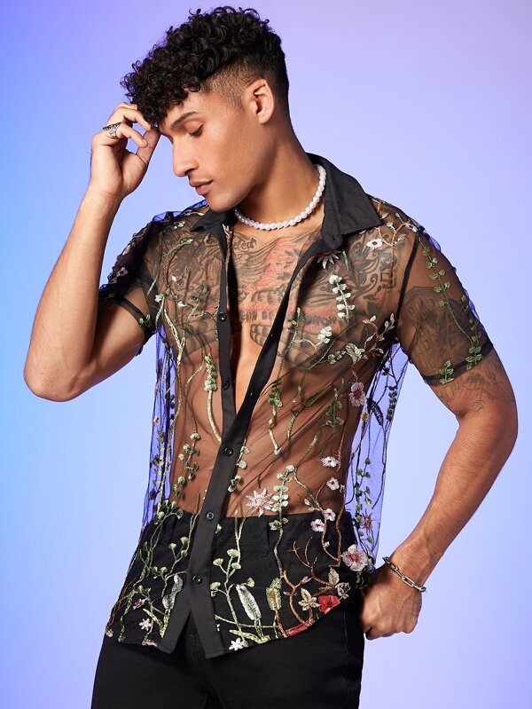 Manfinity Fever City Men Floral Embroidery Mesh Shirt | SHEIN USA