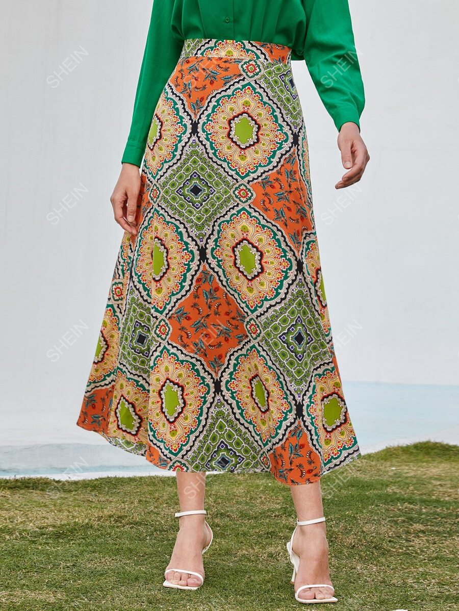 SHEIN Mulvari Zíper Floral Estampado lenço Boho Saia | SHEIN Brasil