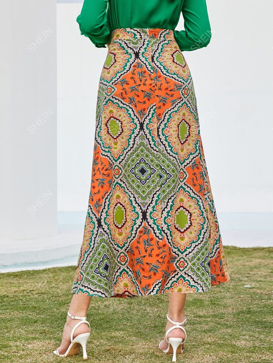 SHEIN Mulvari Zíper Floral Estampado lenço Boho Saia | SHEIN Brasil