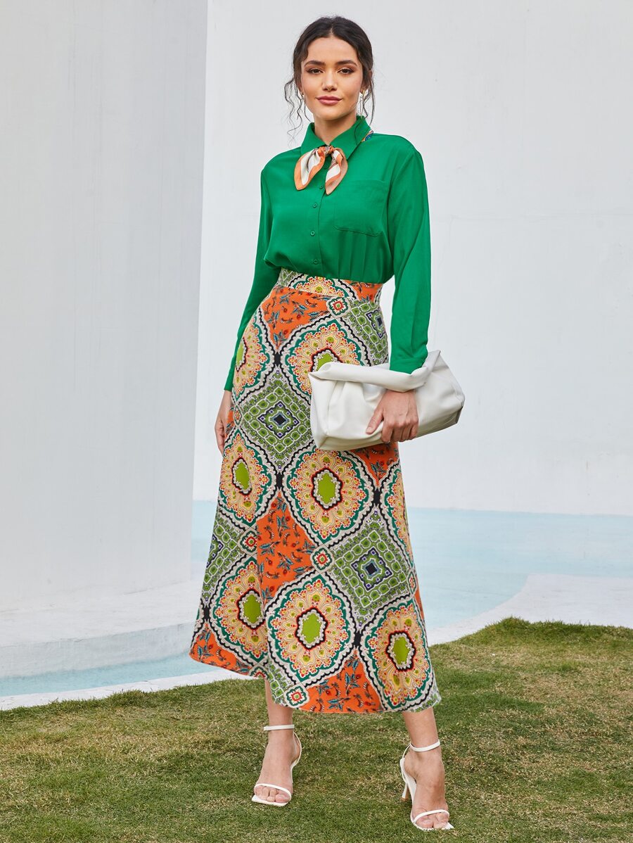 SHEIN Mulvari Zíper Floral Estampado lenço Boho Saia | SHEIN Brasil