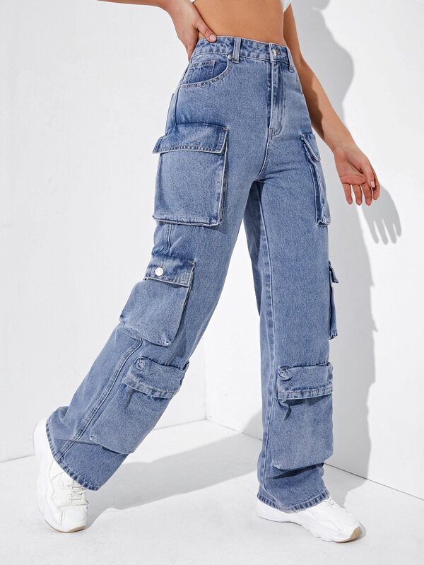 SHEIN EZwear High Waisted Flap Pocket Cargo Jeans SHEIN USA SHEIN EZwear High Waisted Flap Pocket Cargo Jeans SHEIN USA