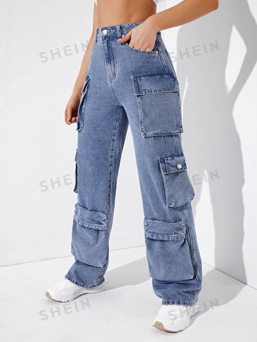 SHEIN High Waisted Flap Pocket Cargo Jeans | SHEIN UK