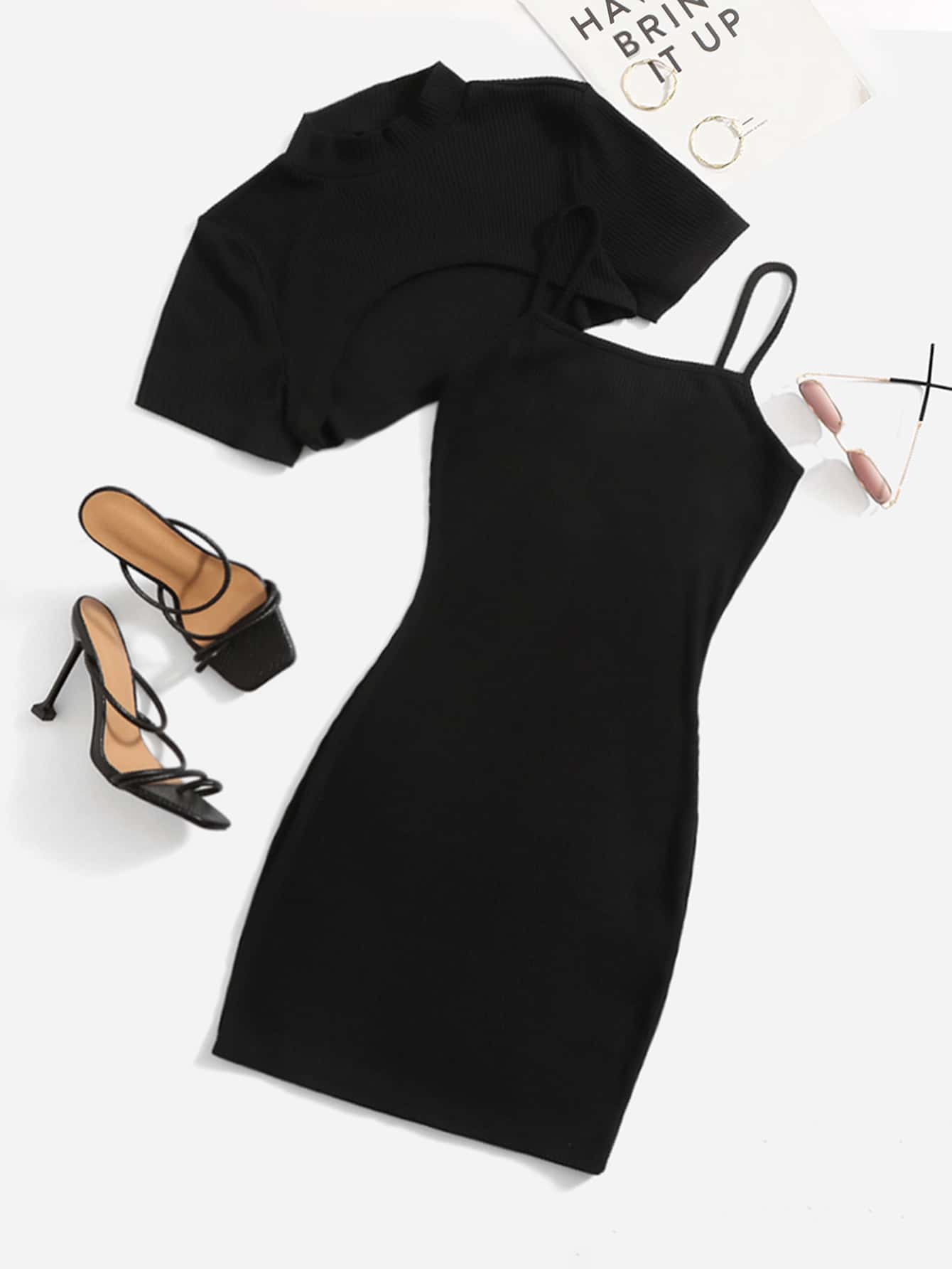 SHEIN Essnce Super Crop Top & Rib-knit Bodycon Dress | SHEIN UK