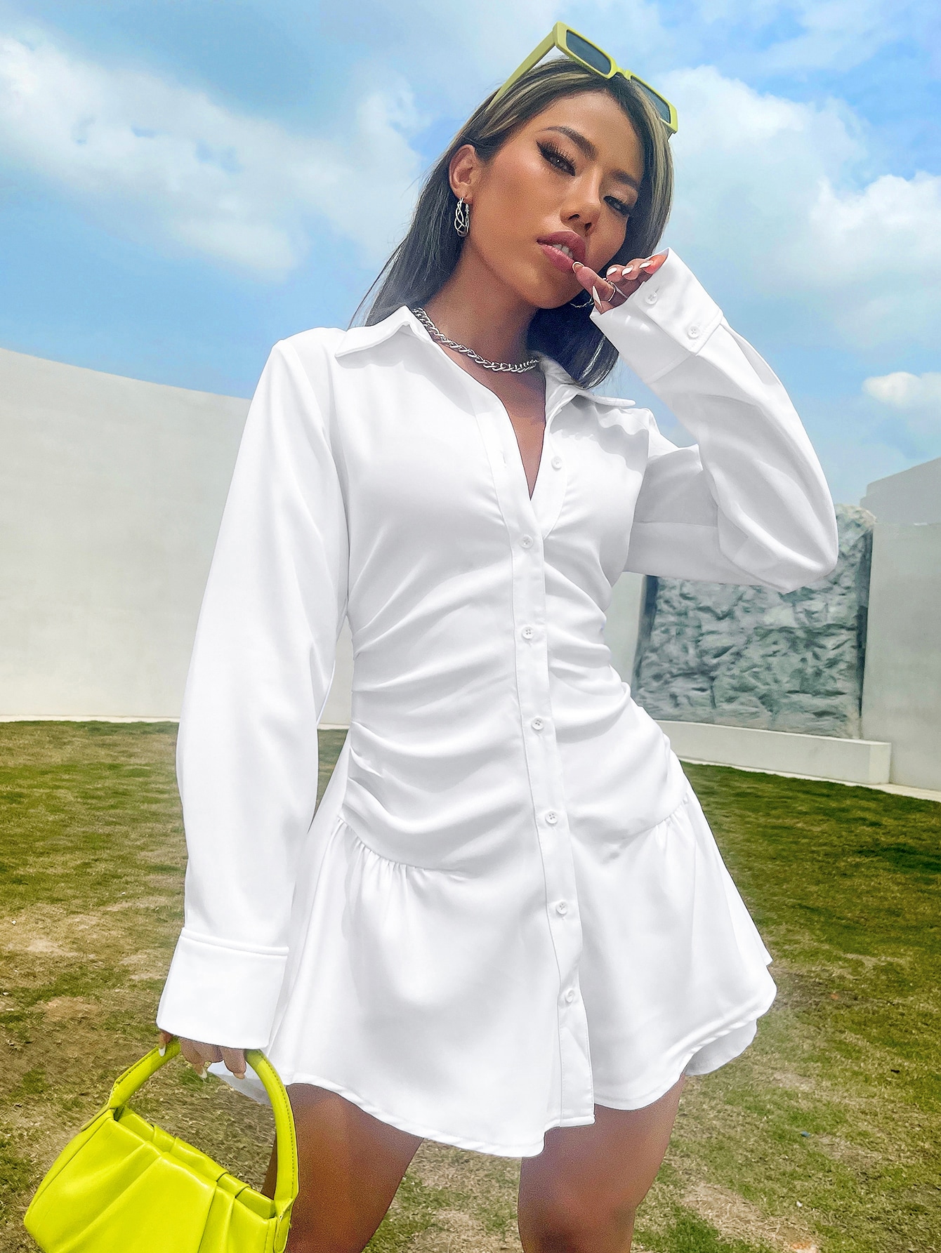 SHEIN EZwear Grommet Lace Up Back Shirt Dress | SHEIN USA