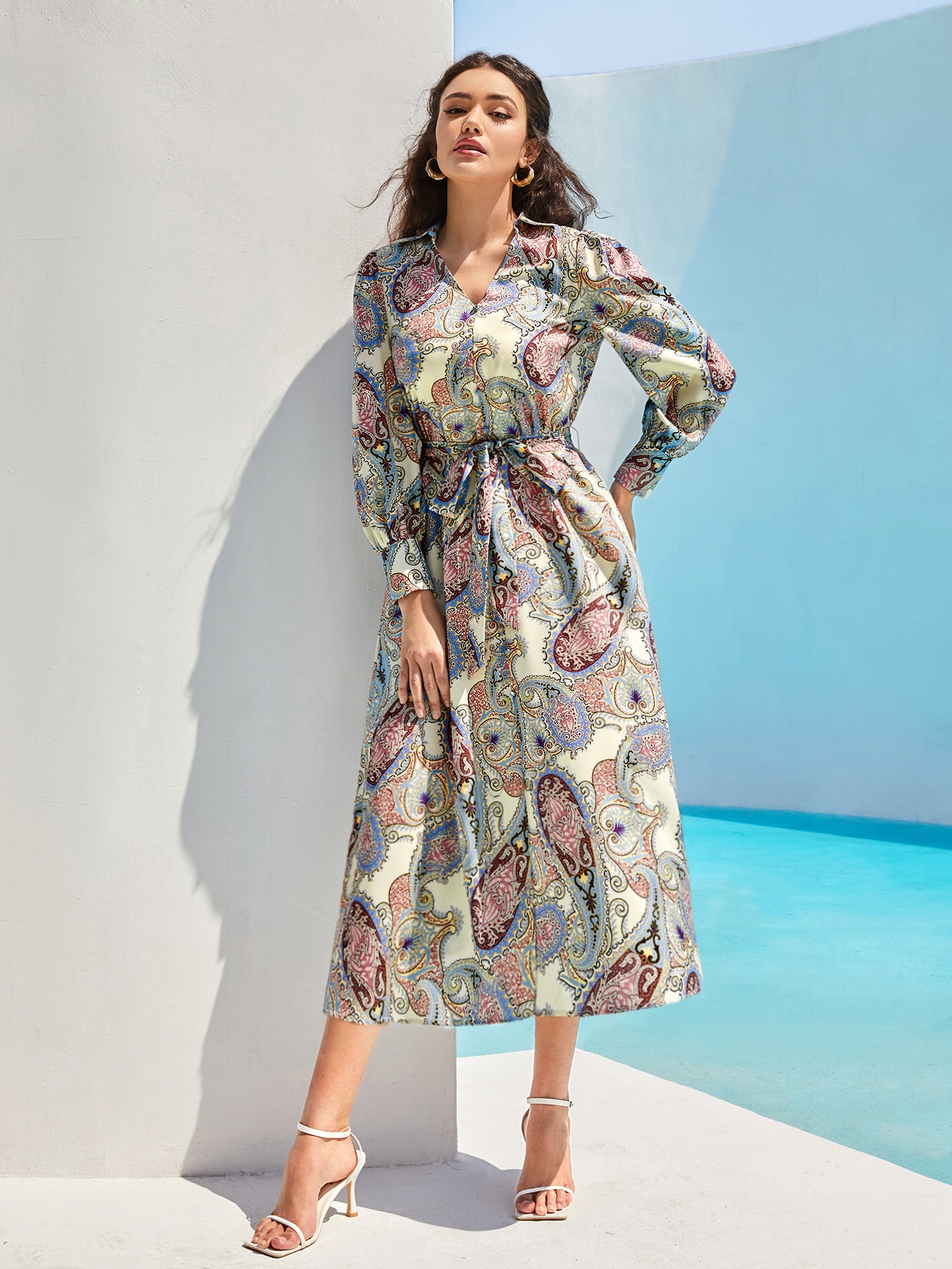 SHEIN Mulvari Paisley Print Lantern Sleeve Belted Dress | SHEIN USA