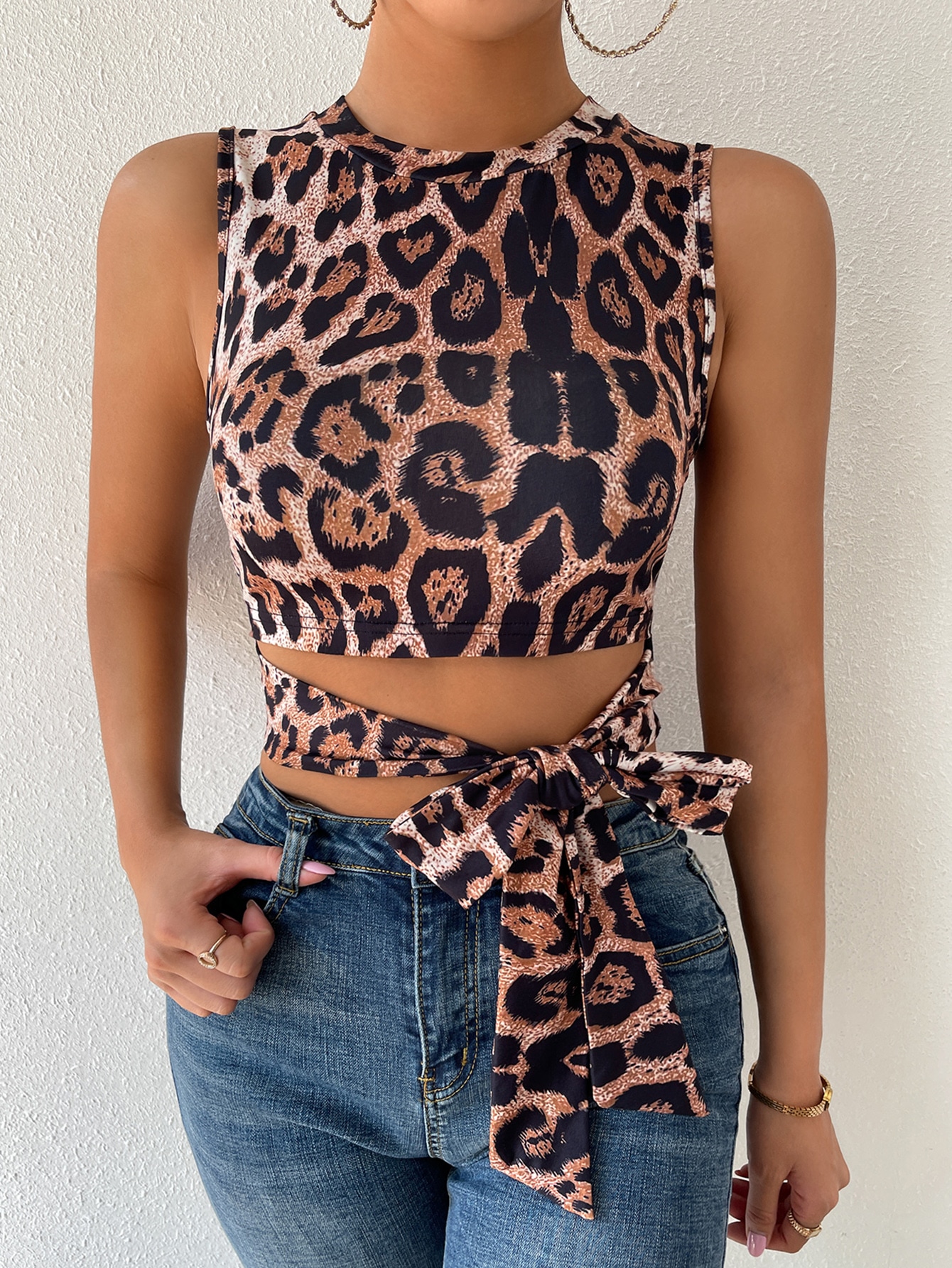 Leopard Print Tie Front Tank Top