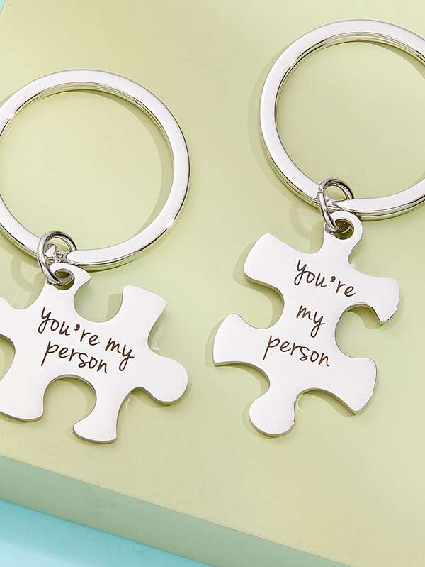 Lettering Jigsaw Puzzle Shape Couple Metal Keychain | SHEIN UK
