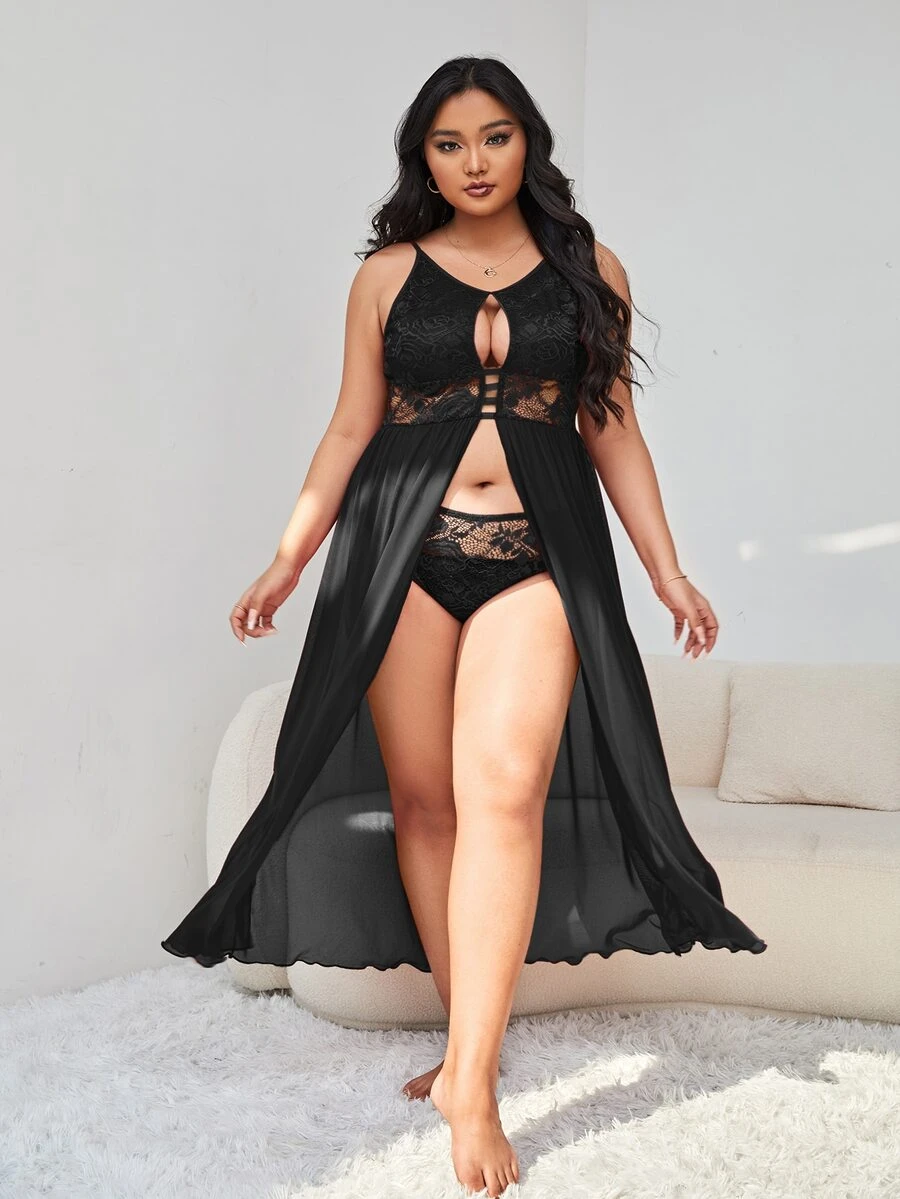 Dessous Set Mit Kontrast Spitzen Wellensaum Mesh Aktuelle Trends