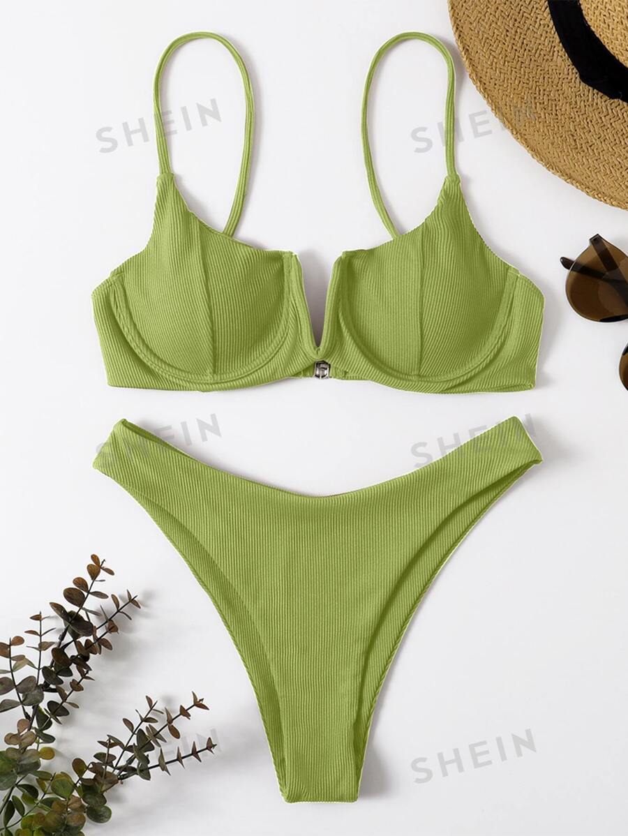 Shein Swim ชุดบิกินี่ยาง V Wired Underwire Cami Bra และบิกินี่ชิ้นล่าง