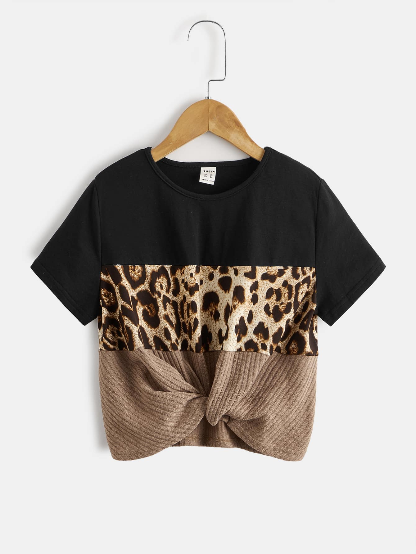 SHEIN Tween Girl Leopard Color Block Twist Hem Tee | SHEIN USA
