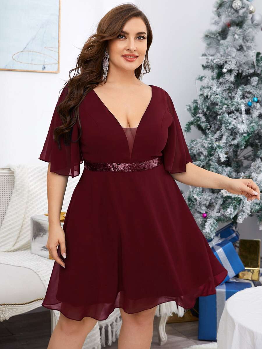 SHEIN Belle Burgundy Red Plus Contrast Sequin Plunging Neck Bridesmaid ...