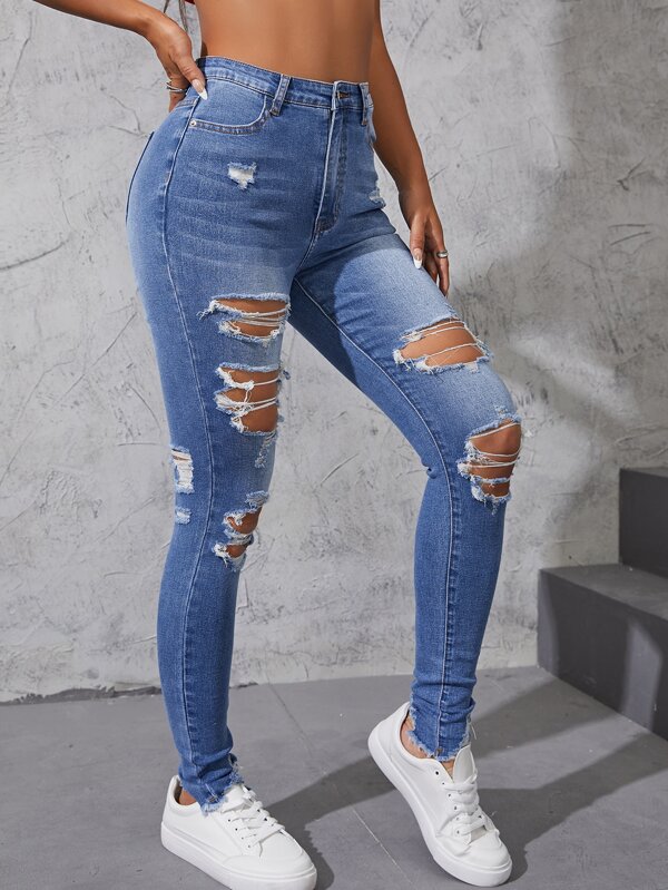 SHEIN High Waist Ripped Moustache Effect Skinny Jeans | SHEIN USA