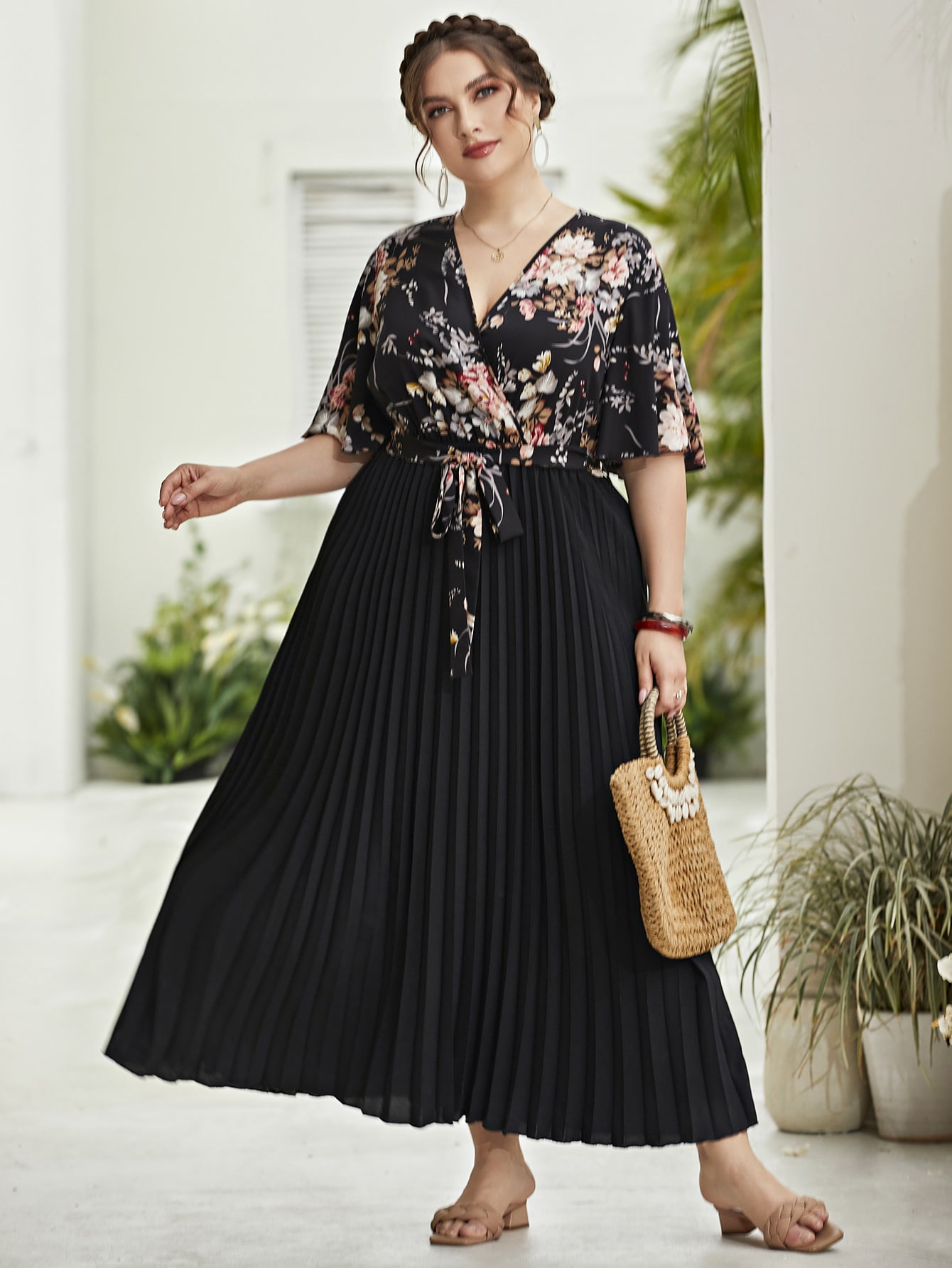 Plus Floral Pleated Hem Belted Dress | SHEIN USA