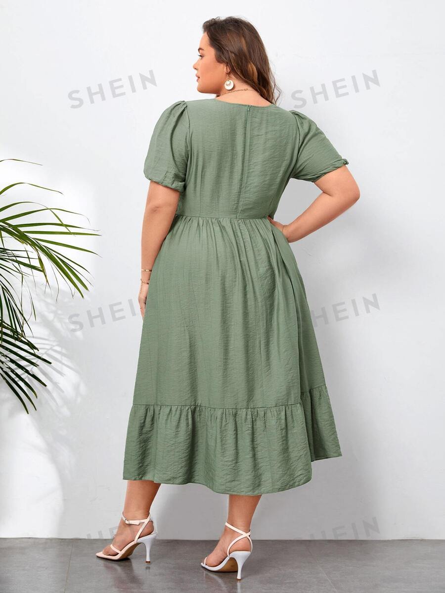 Shein Vcay Plus Puff Sleeve Ruffle Hem Dress Shein Usa