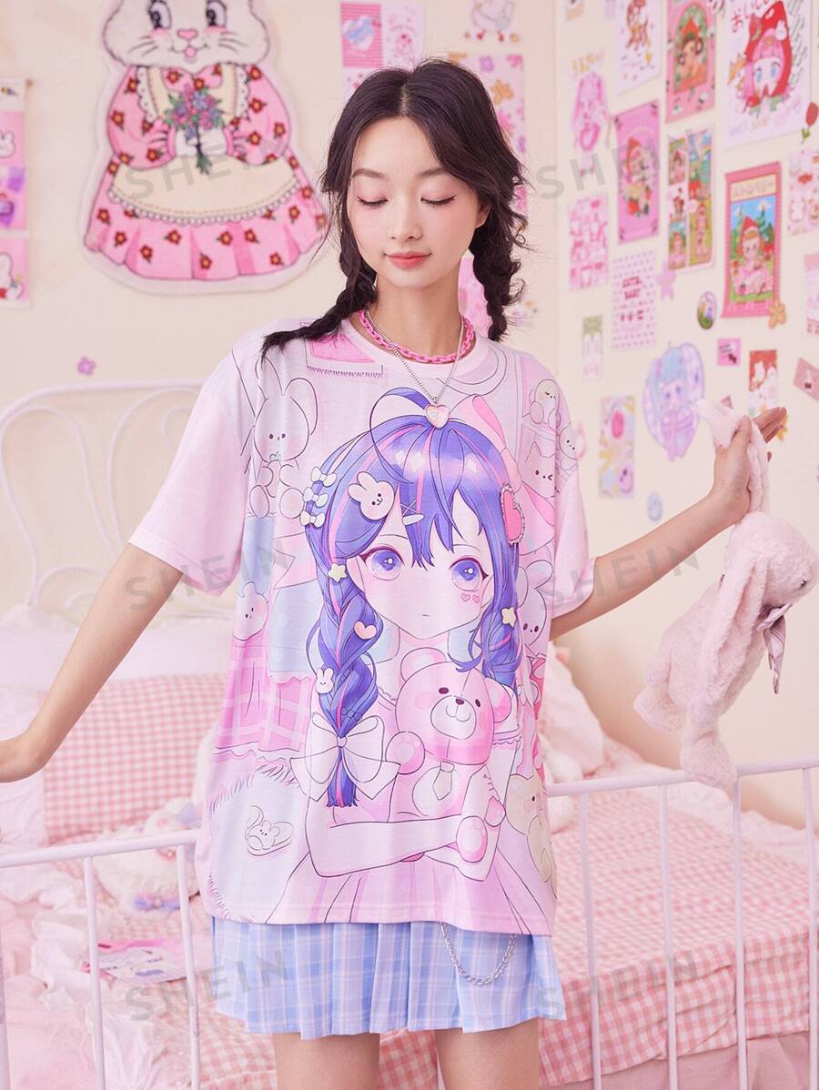 ROMWE Anime Figure & Cartoon Graphic Oversized Tee, School | SHEIN USA