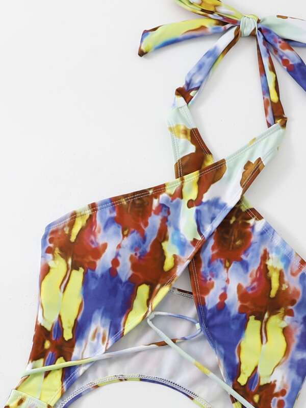 Tie Dye Cut Out Tie Backless Halter One Piece Swimsuit | SHEIN USA