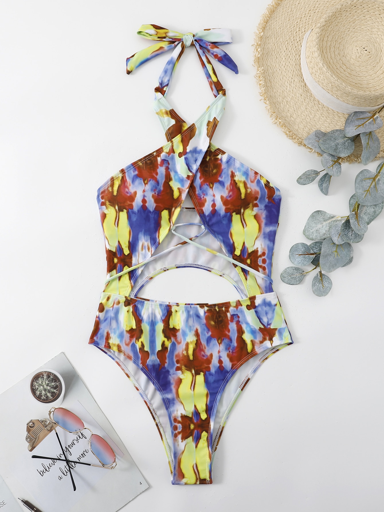 Tie Dye Cut Out Tie Backless Halter One Piece Swimsuit | SHEIN USA