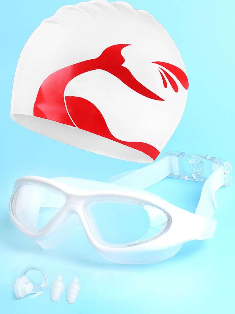 Large Frame Swimming Goggles, Silicone Swim Cap, Nose Clip, And Ear ...