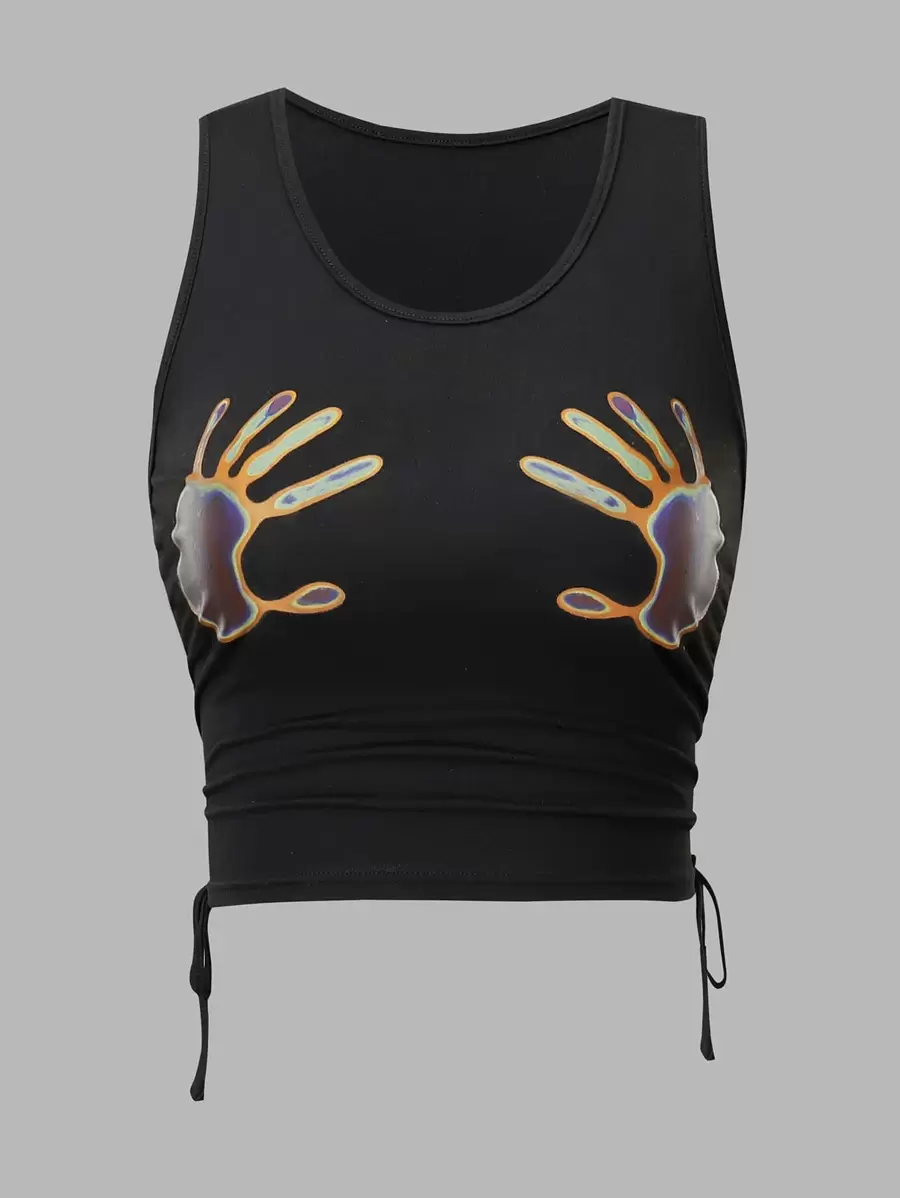 SHEIN Unity 90s Hands Print Drawstring Tank Top Graphic Tees Women Tops ...