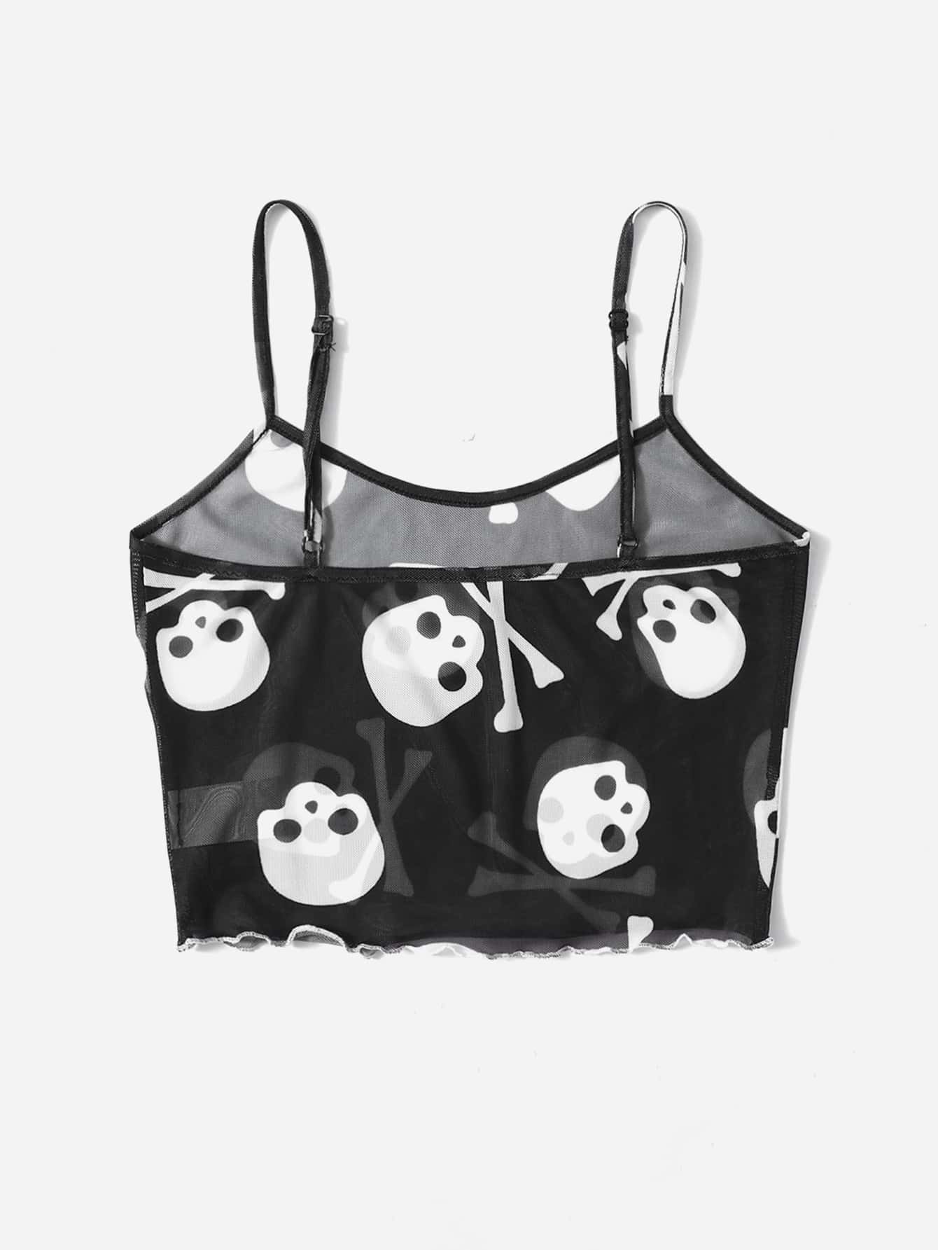 Romwe Punk 90s Skull Print Lettuce Trim Sheer Mesh Crop Cami Top