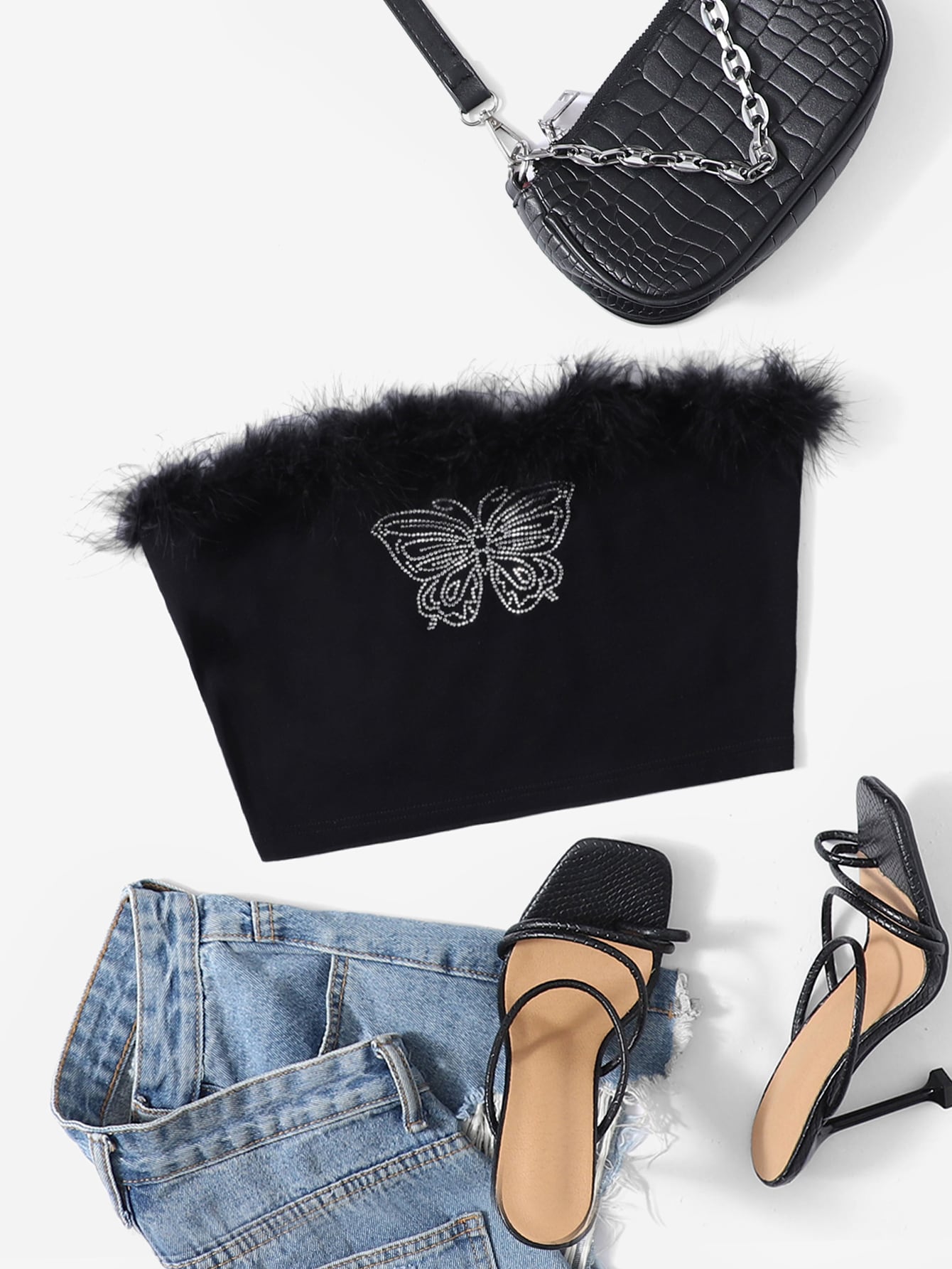 SHEIN ICON 90s Beaded Butterfly Fuzzy Trim Tube Top | SHEIN USA