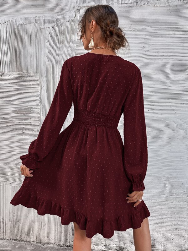 Shein Frenchy Swiss Dot Flounce Sleeve Guipure Lace Trim Shirred Dress