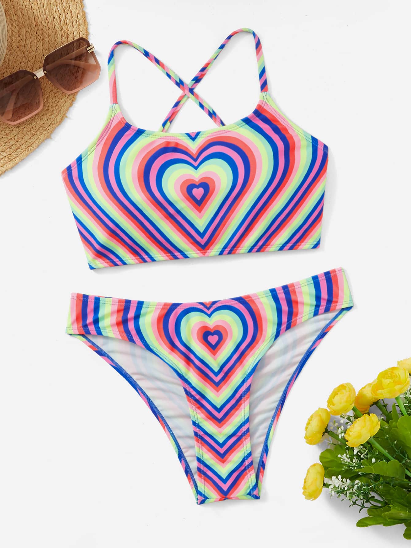 Heart Print Criss Cross Bikini Swimsuit | SHEIN USA