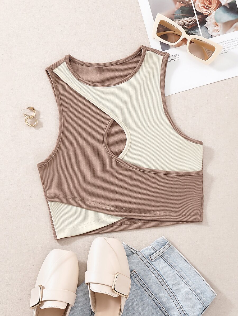 Flirla Two Tone Cut Out Front Tank Top | SHEIN USA