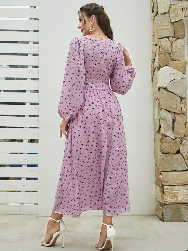 Shein Mulvari Ditsy Floral Print Lace Up Front Lantern Sleeve Dress