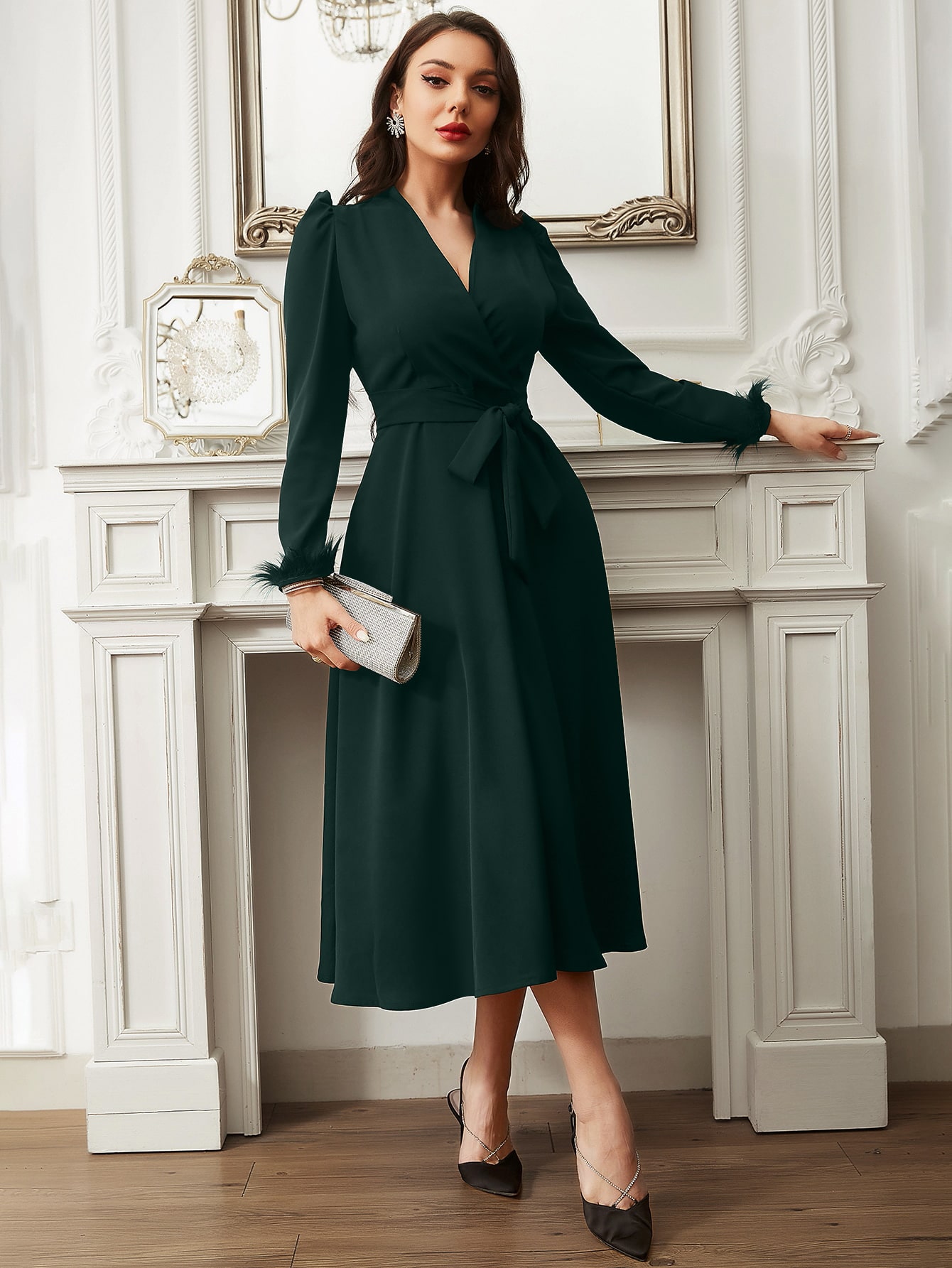 Fuzzy Cuff Puff Sleeve Belted Dress