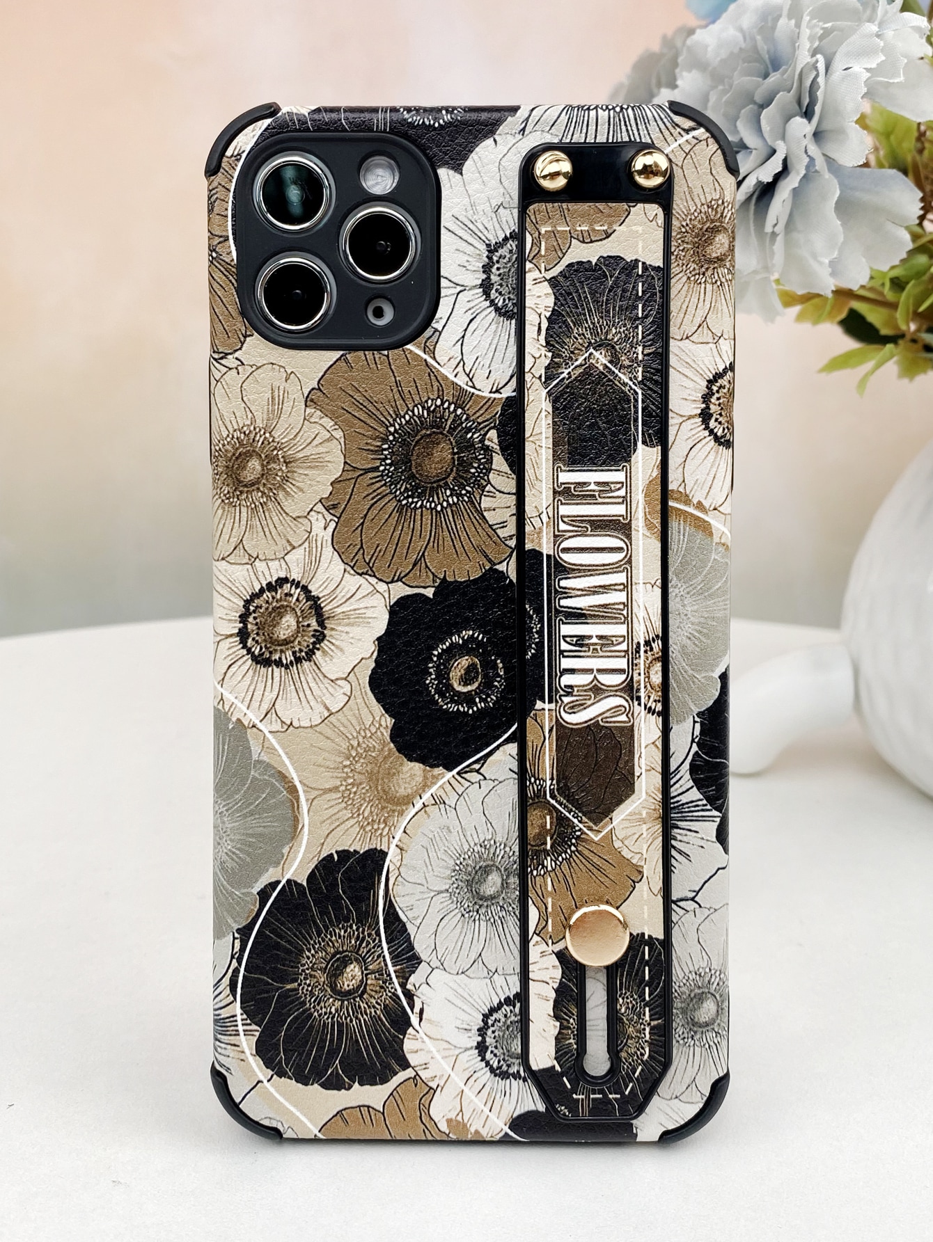 Floral Painted Phone Case With Push Pull Phone Holder