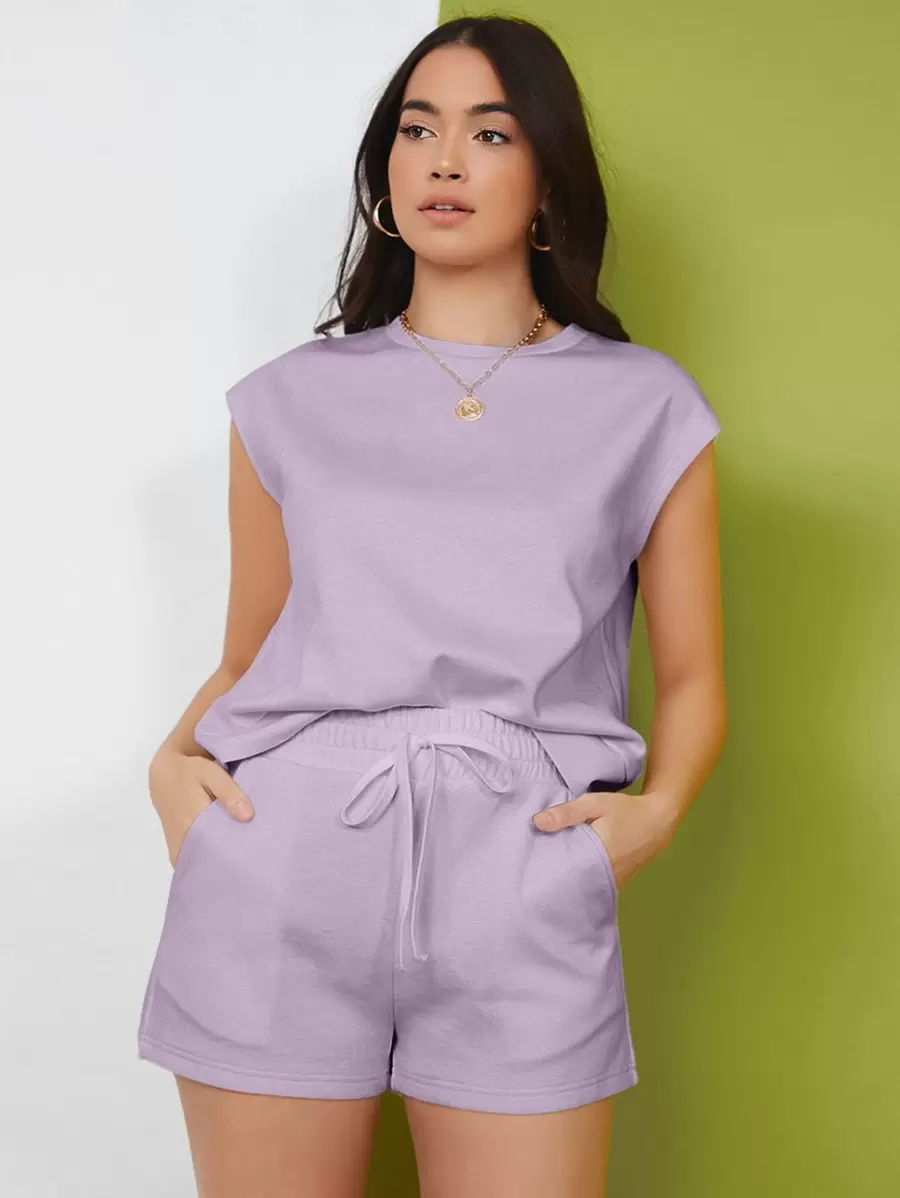 SHEIN Essnce Solid Top & Track Shorts Set | SHEIN USA