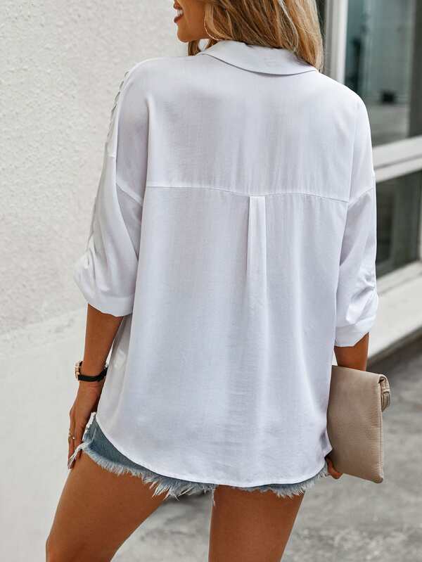 Shein Lune Press Crease Detail Roll Tab Sleeve Shirt Shein Usa