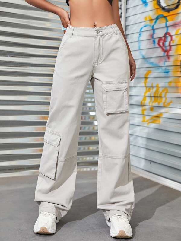 SHEIN X Jadee Vice SHEIN ICON Solid Wide Leg Cargo Jeans | SHEIN UK