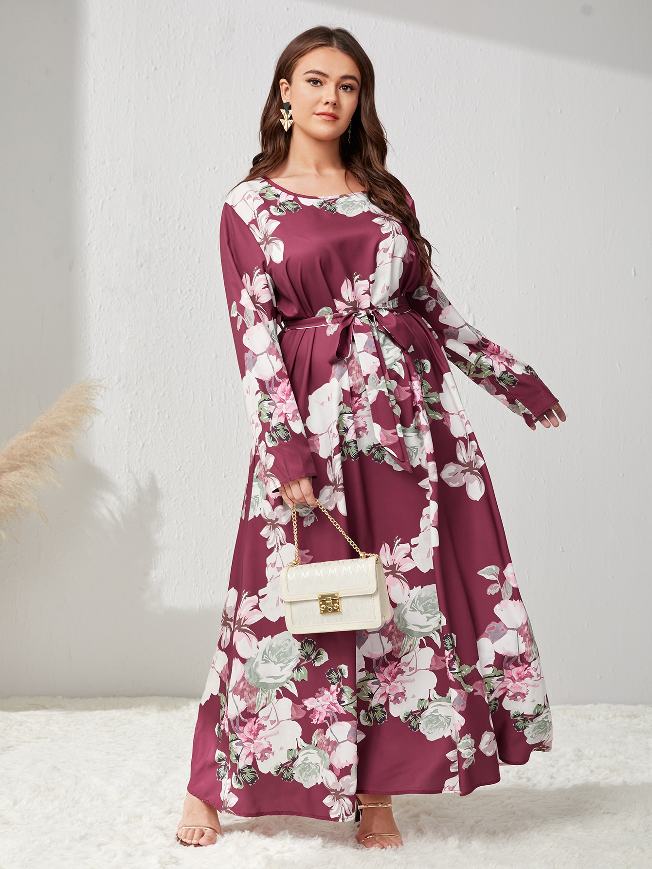 Plus Floral Print Belted Maxi Dress | SHEIN UK