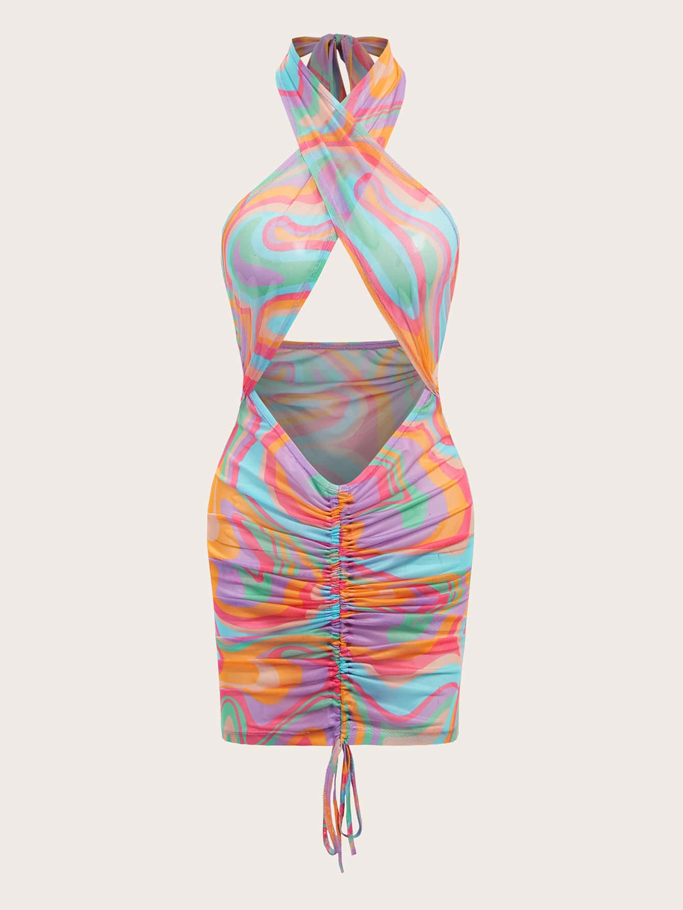 SHEIN 90s Allover Print Drawstring Ruched Cutout Halterneck Dress ...